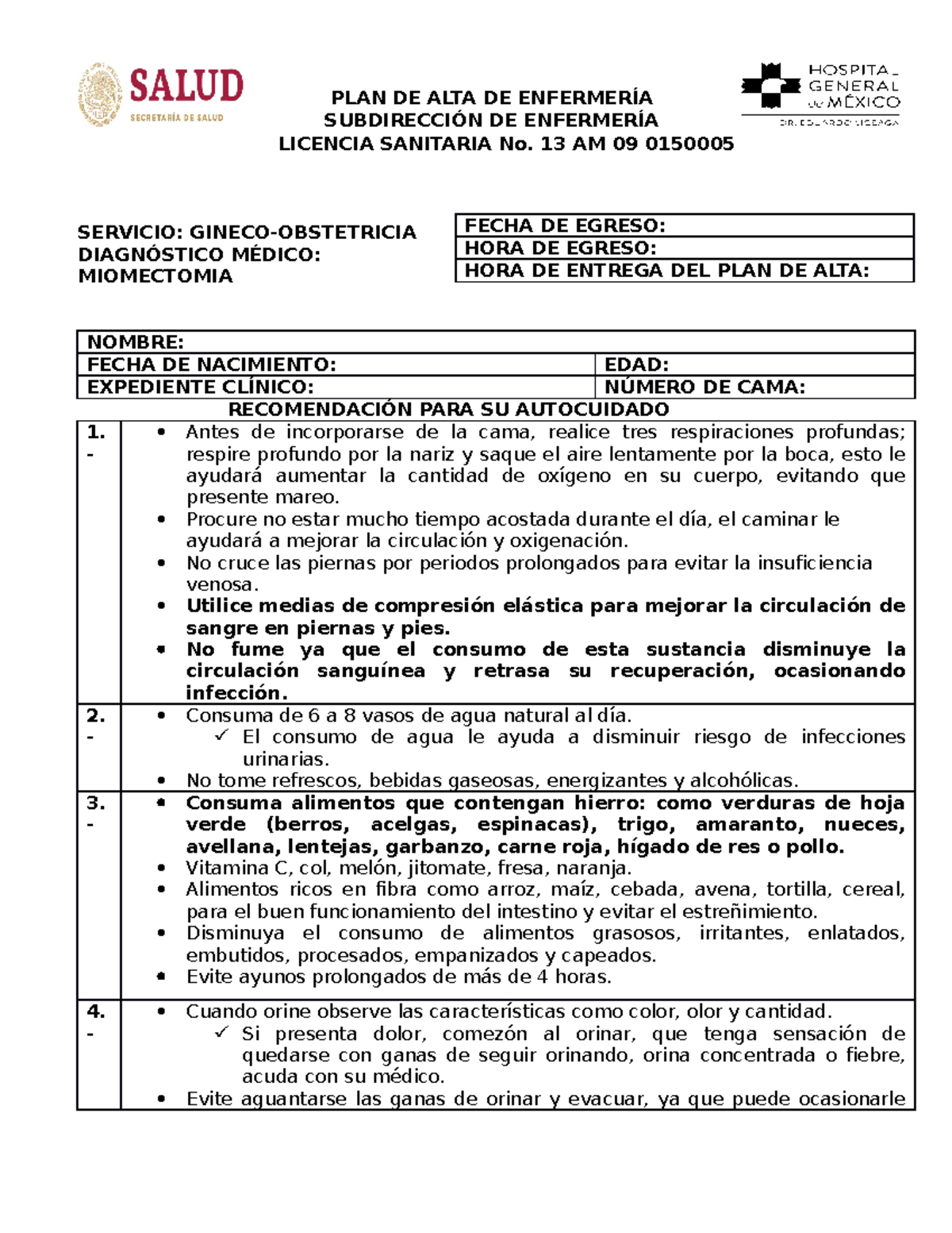 8.- Histerectomia vaginal - PLAN DE ALTA DE ENFERMERÍA SUBDIRECCIÓN DE ...