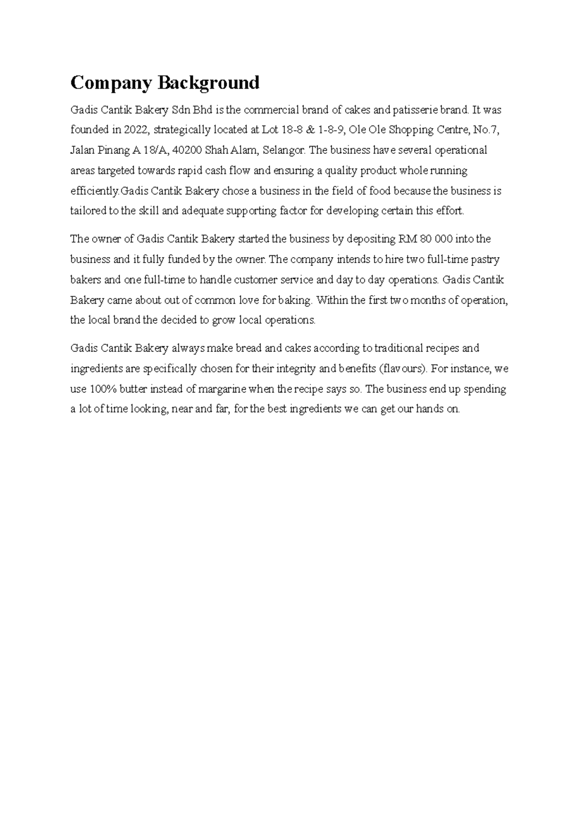 Company background draft - Company Background Gadis Cantik Bakery Sdn ...