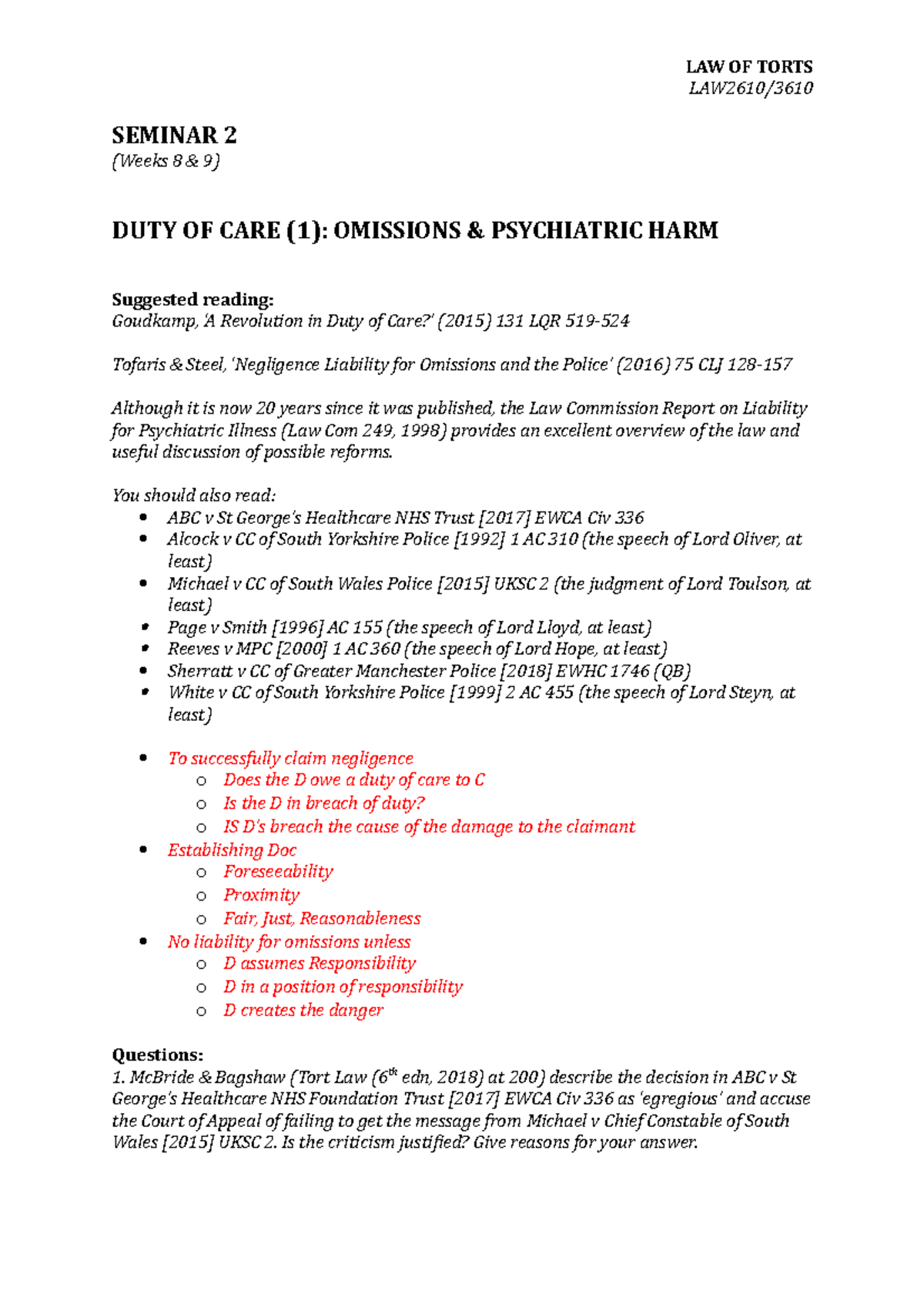 Seminar 2 Duty of Care - Duty of Care - Ommissions - LAW OF TORTS ...