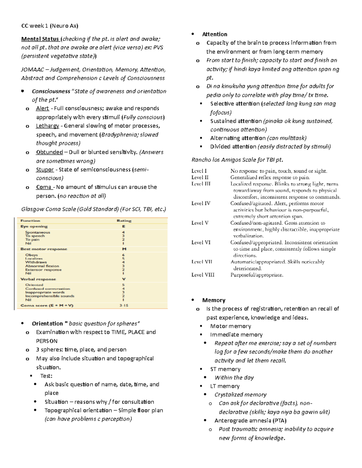 Neurologic assessment - CC week 1 (Neuro Ax) Mental Status (checking if ...