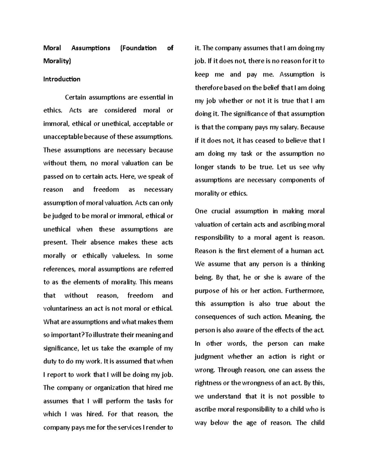 Moral-Assumptions - Moral Assumptions (Foundation of Morality) Introduction Certain assumptions ...
