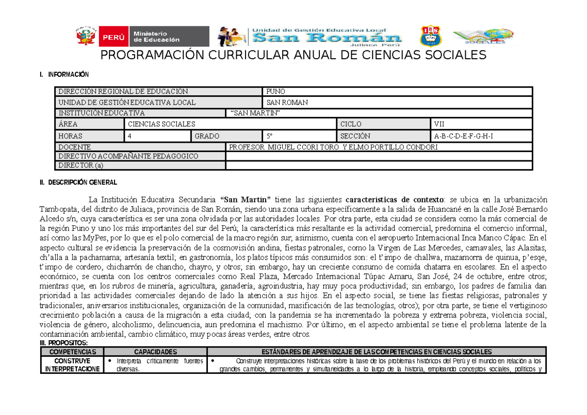 CCSS 5to Programacion Anual Cs Soc - PROGRAMACIÓN CURRICULAR ANUAL DE CIENCIAS SOCIALES I. - Studocu