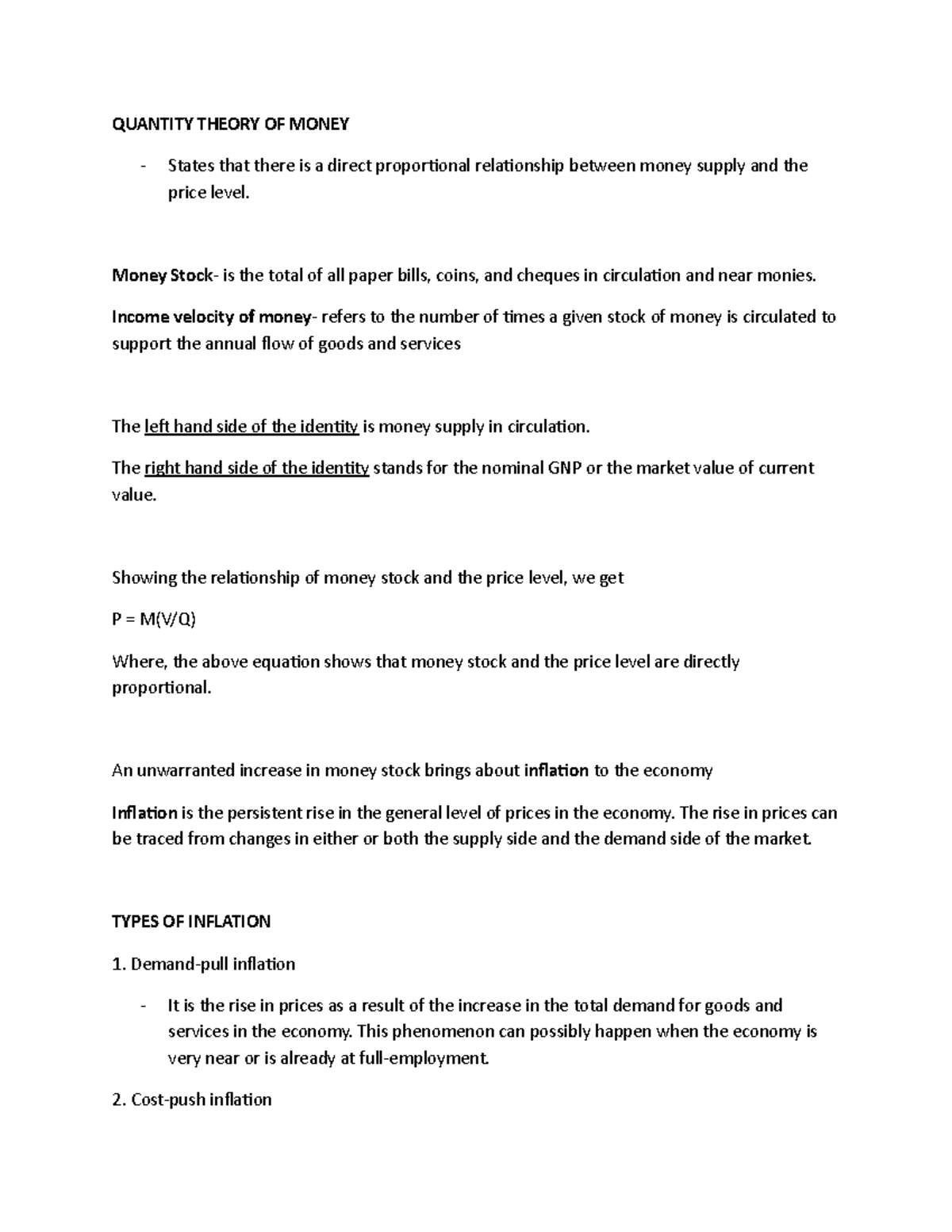 Quantity Theory of Money - QUANTITY THEORY OF MONEY States that there ...