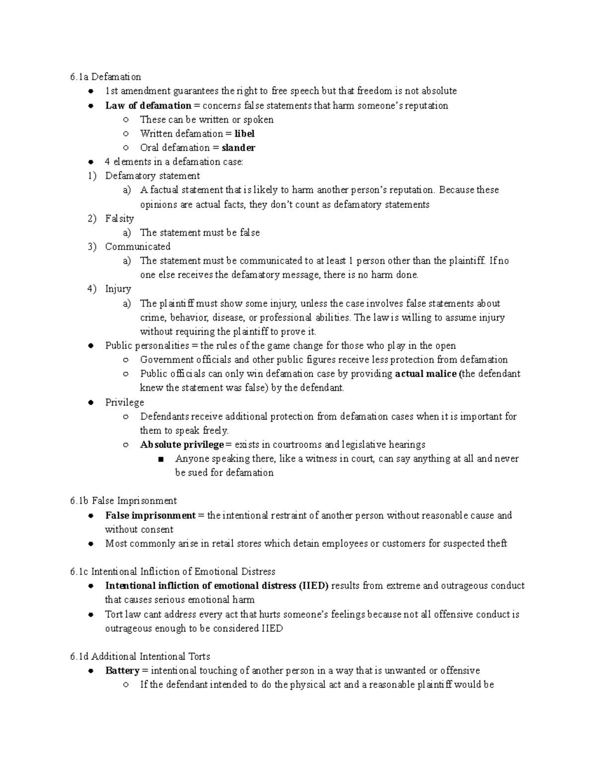 Chapter 6 Summary Notes - 6 Defamation 1st amendment guarantees the ...