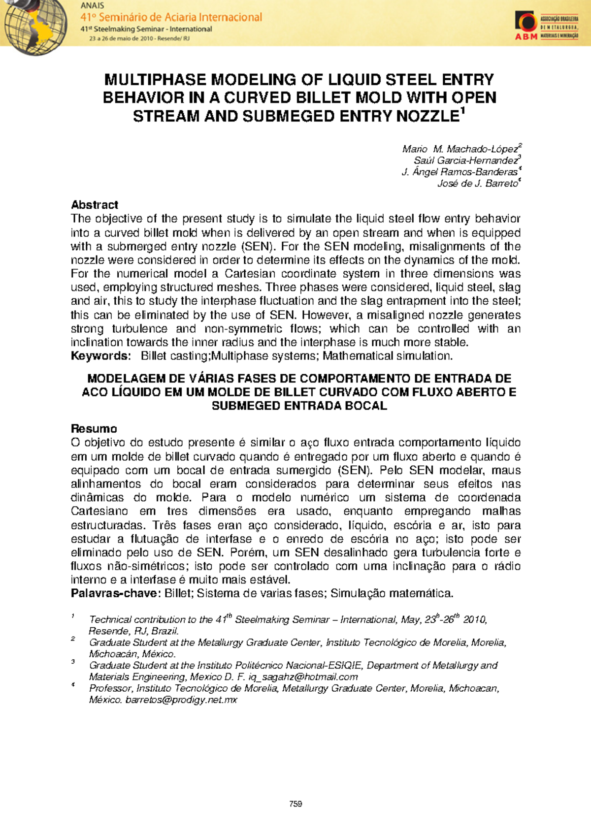 ABM - Comp acero en molde palanquilla curvo 16818 - MULTIPHASE MODELING OF LIQUID STEEL ENTRY ...