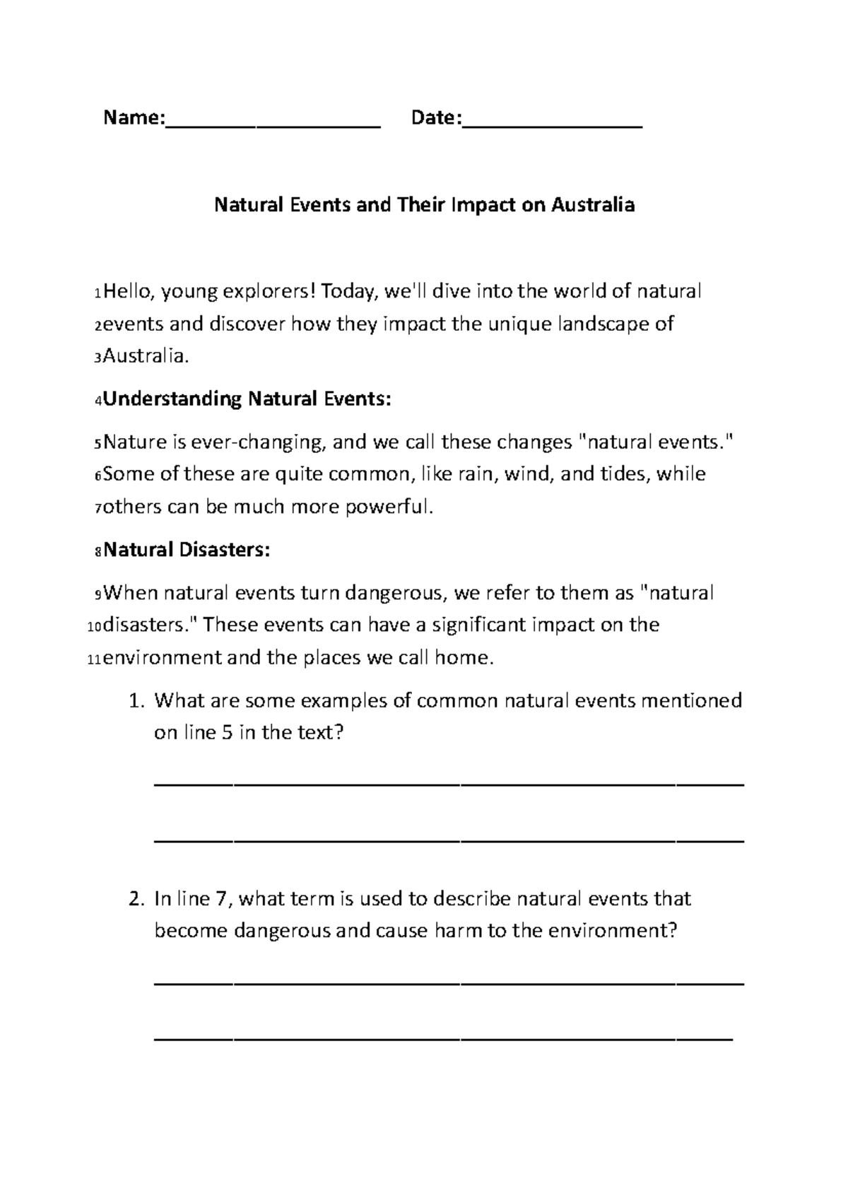 Natural Events and Their Impact on Australia Coprehension worksheet ...