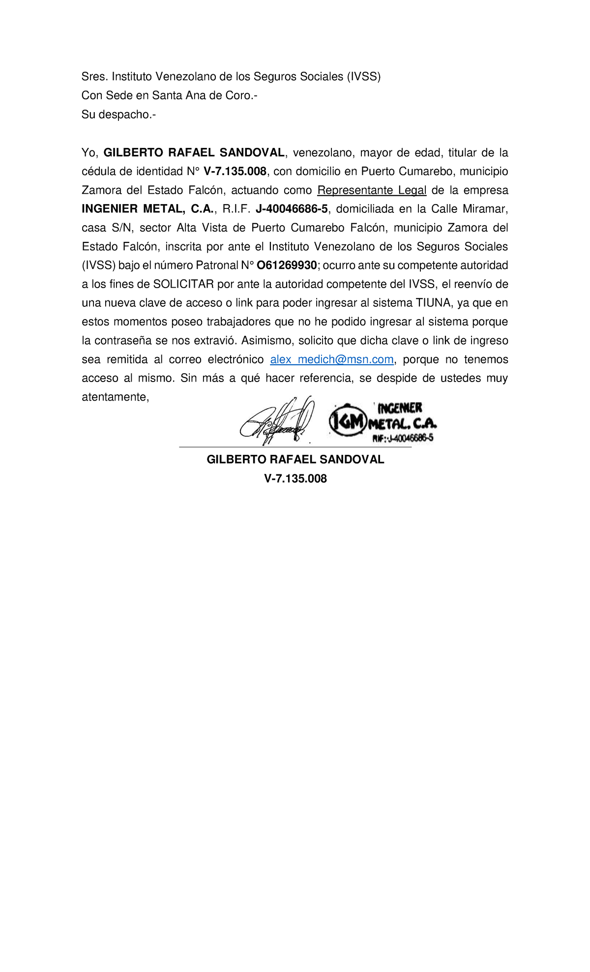 Escrito al IVSS - Sres. Instituto Venezolano de los Seguros Sociales ...