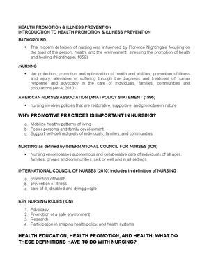 Models of Health promotion & Illness Prevention - HEALTH PROMOTION ...