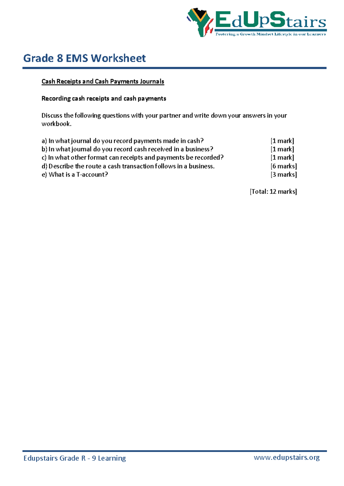 Cash Receipts and Cash Payments Journals - Grade 8 EMS Worksheet ...