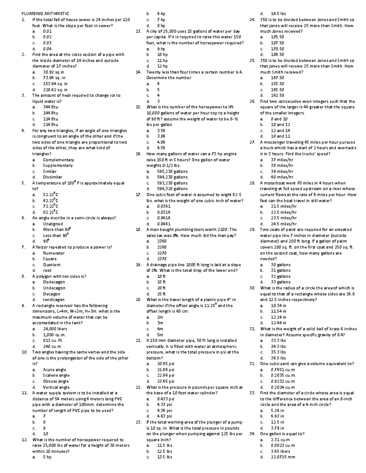 514 Master Plumber Problem Archive for Arithmetic Problems - PLUMBING ...