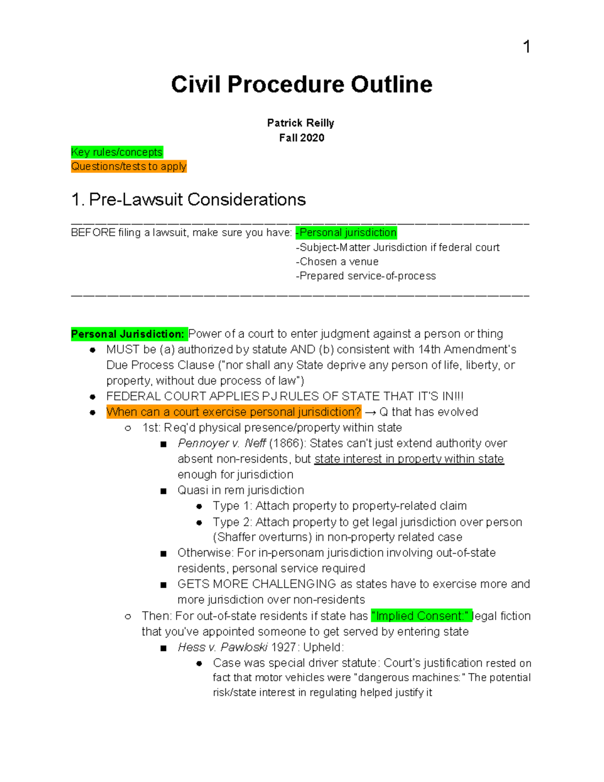 Civil Procedure Outline - Civil Procedure Outline Patrick Reilly Fall ...