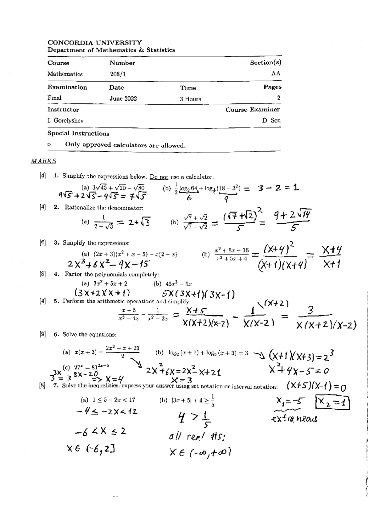 Math 2016 old final exams (with answers and solutions) - [4] MATH 206 ...