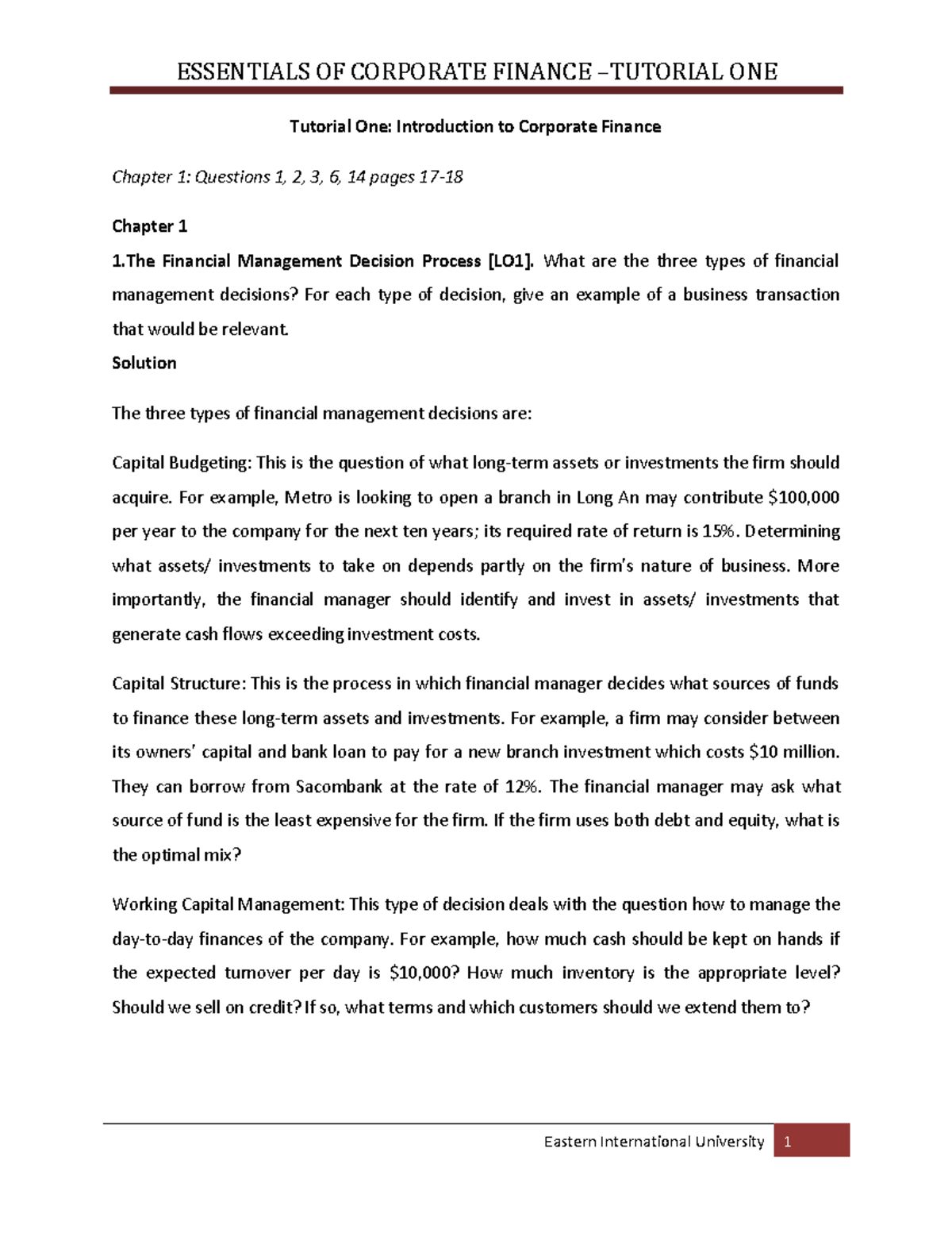 Tutorial Week 1 -Introduction to Corporate Finance - Tutorial One ...