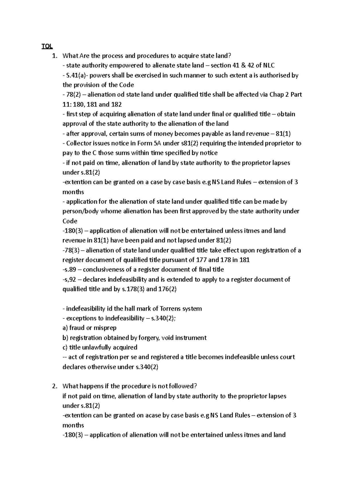 Land Law - Lecture notes Torren System - TOL 1. What Are the process ...