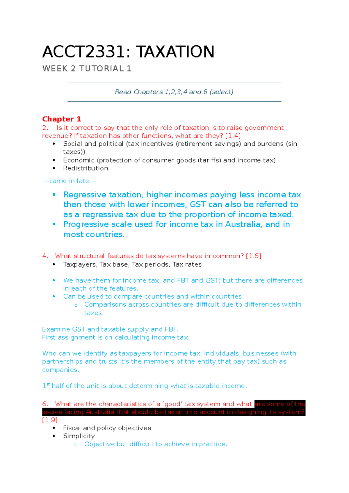 ACCT2331; TUTORIAL - ACCT2331: TAXATION WEEK 2 TUTORIAL 1 Read Chapters 1,2,3,4 and 6 (select ...