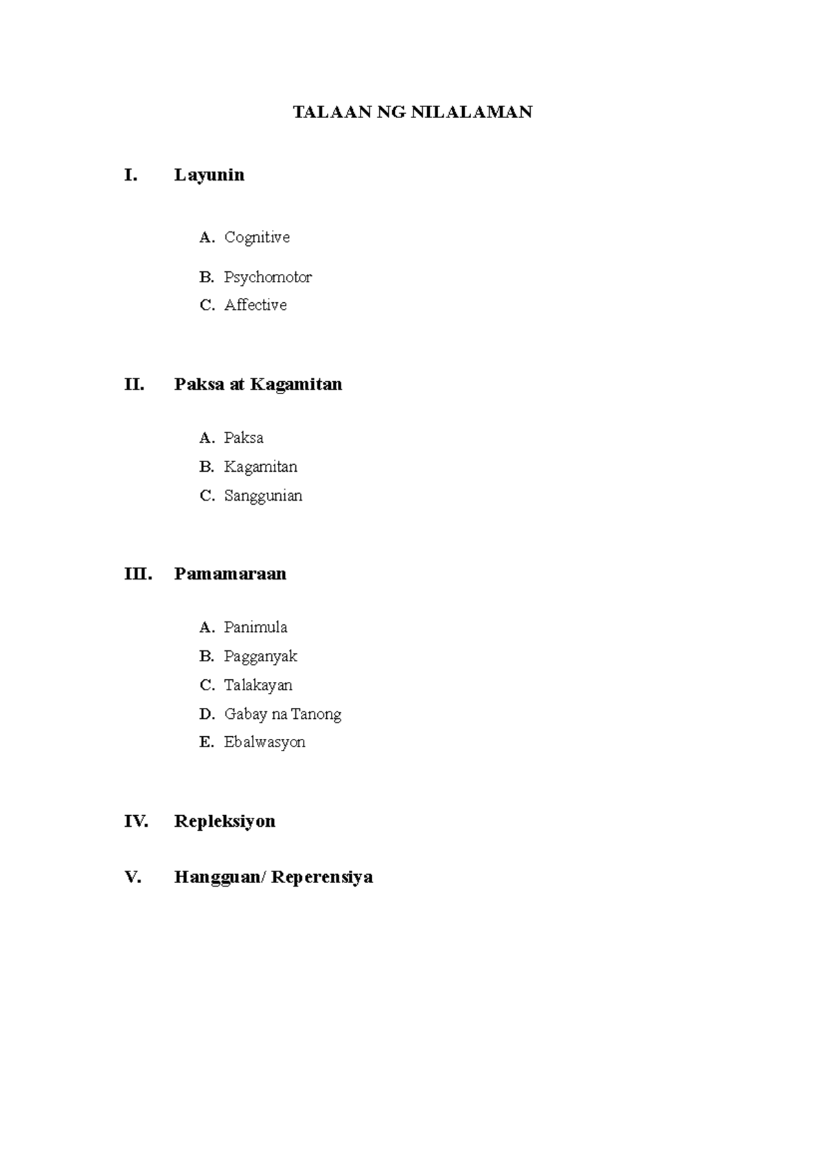 FILIPINO sa piling Larangan - TALAAN NG NILALAMAN I. Layunin A ...