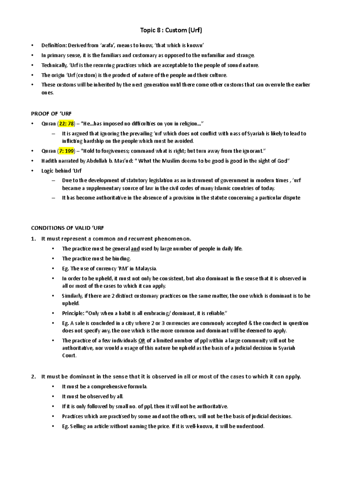 Topic 8 Urf Islamic law - Topic 8 : Custom (Urf) Definition : Derived ...