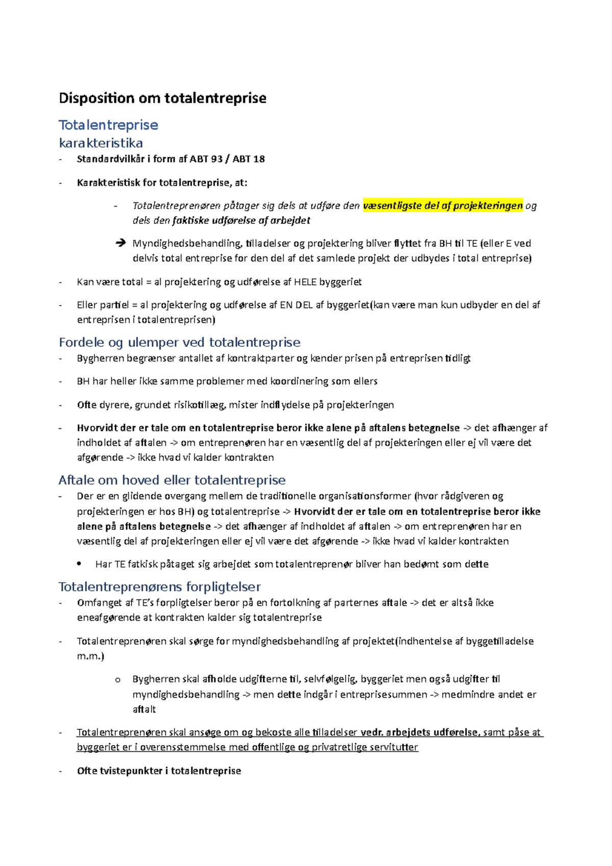 19. totalentreprise 1 - Disposition til mundtlig eksamen - Disposition om totalentreprise - Studocu
