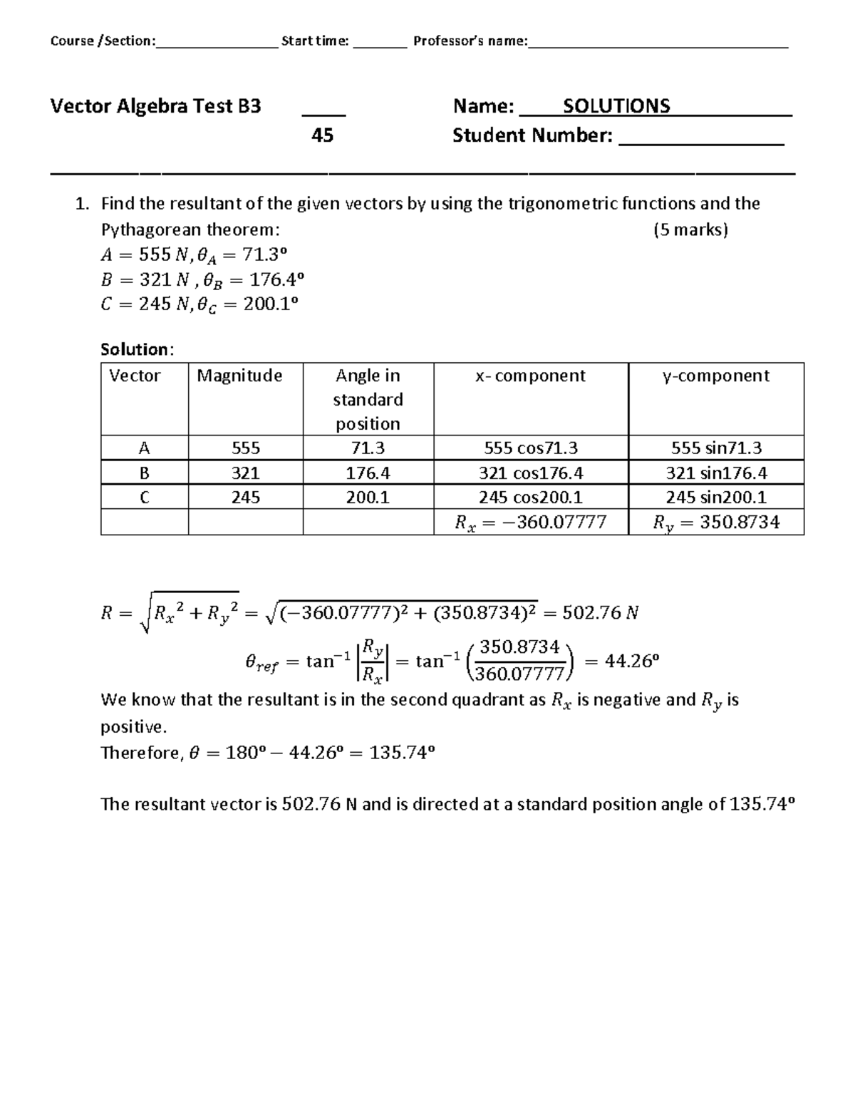Vector Algebra Test B3 Solutions - Vector Algebra Test B3 ____ Name ...