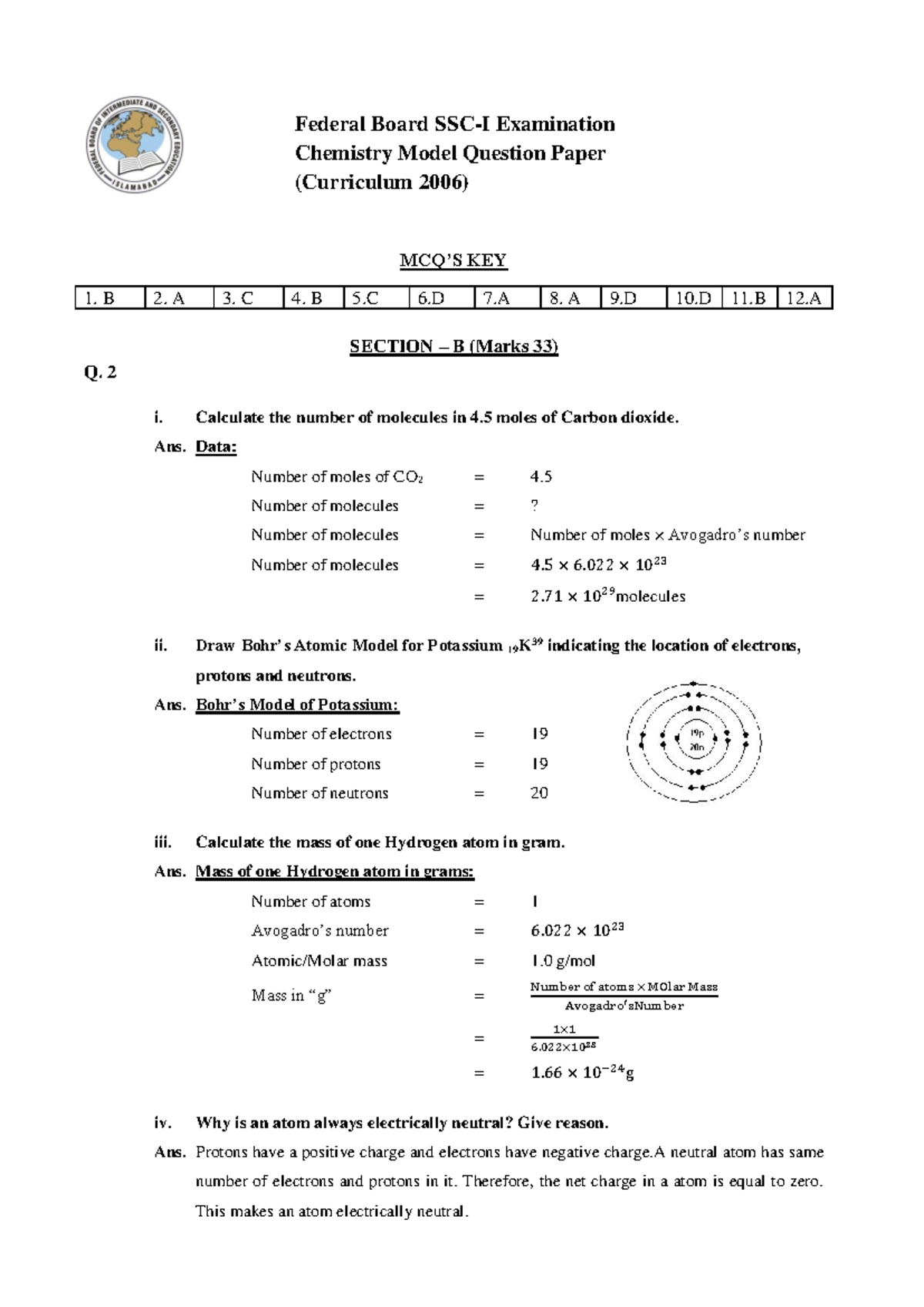 Chemistry SSC-I solution - Federal Board SSC-I Examination Chemistry ...