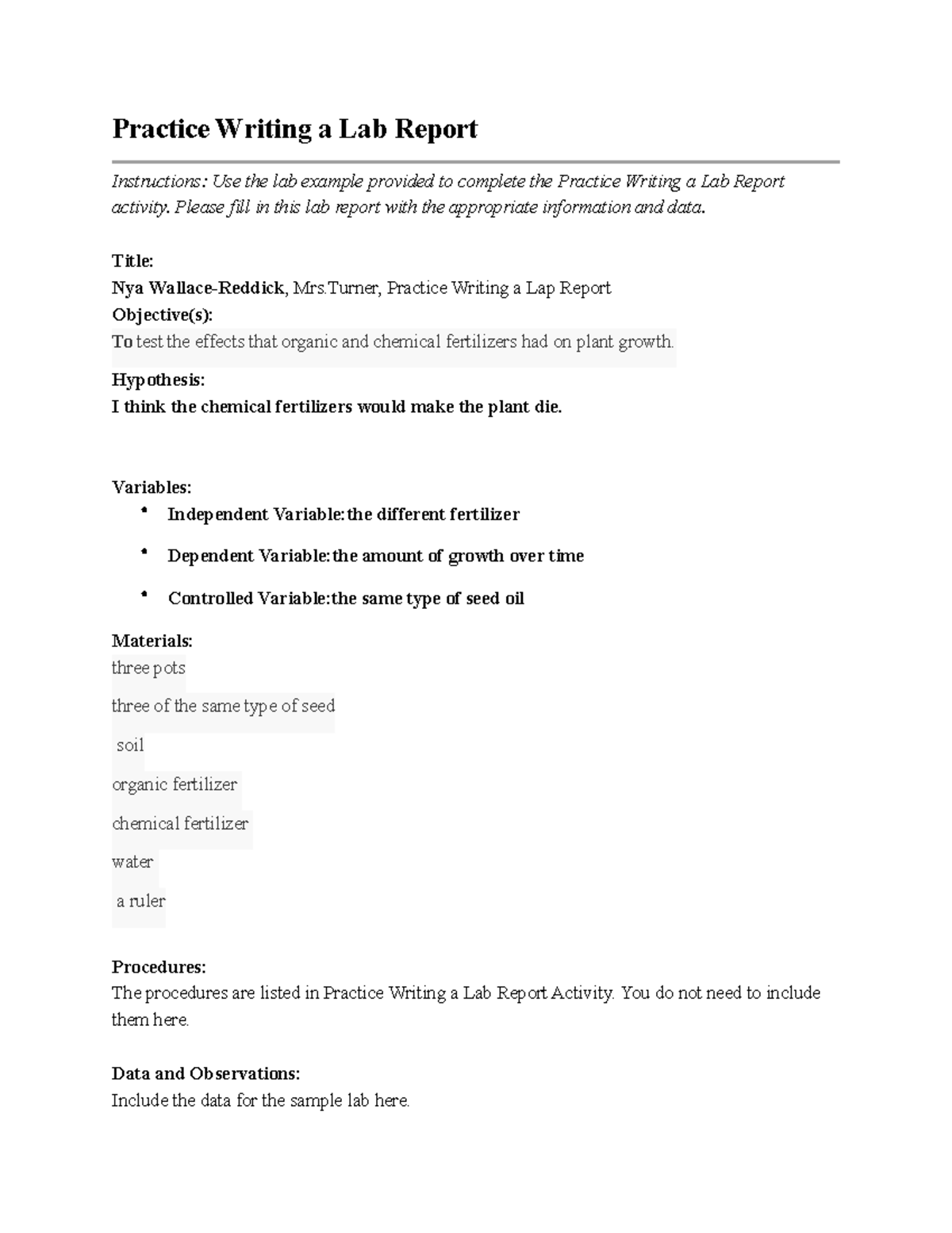 1 01 Exploring Life work - Practice Writing a Lab Report Instructions ...