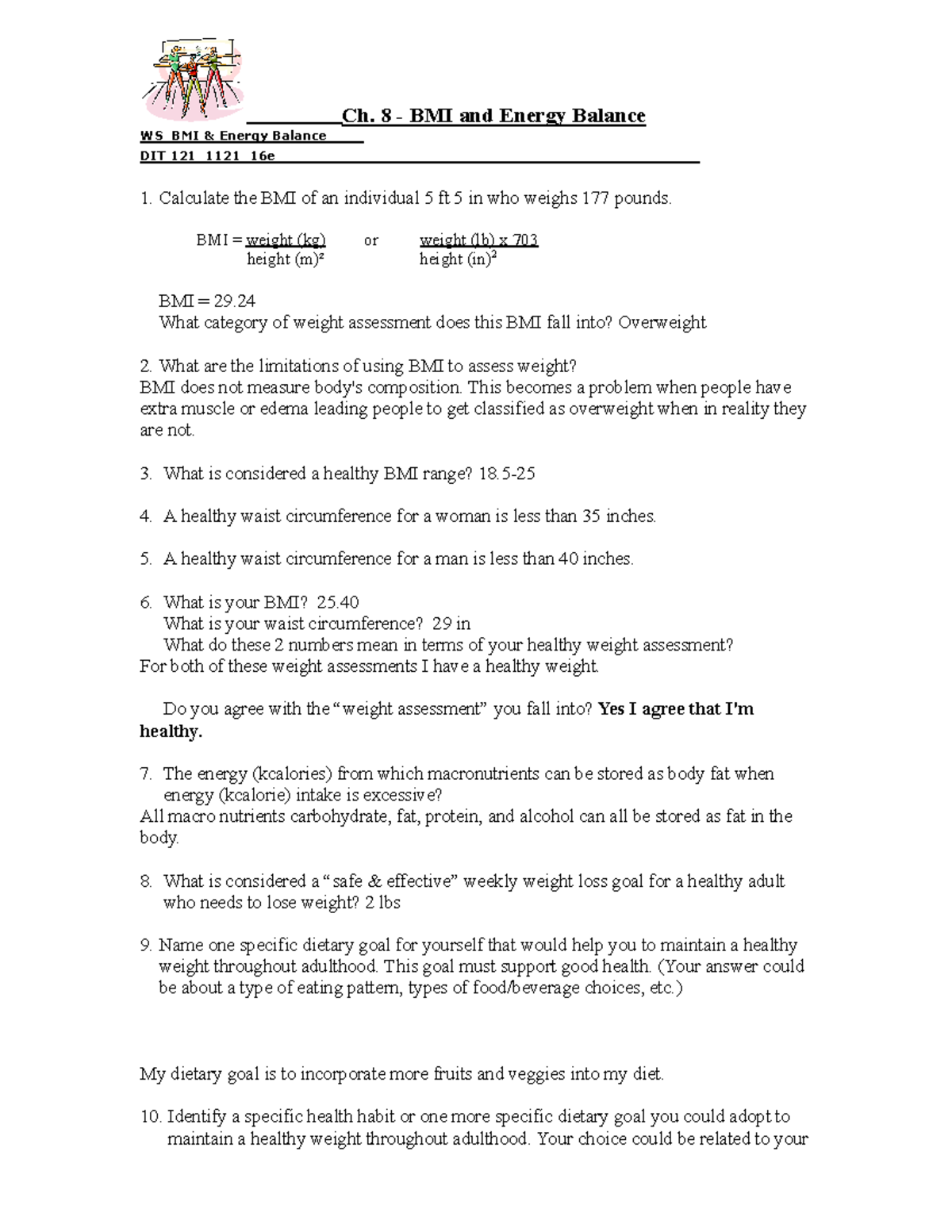 WS Ch. 8 Energy Balance 16e-1 - Ch. 8 - BMI and Energy Balance WS_BMI ...