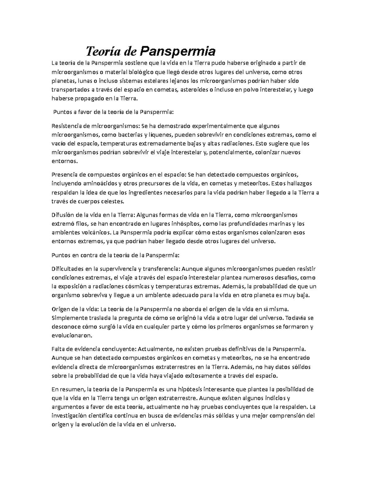 Teoría de Panspermia - LISTO - Teoría de Panspermia La teoría de la ...