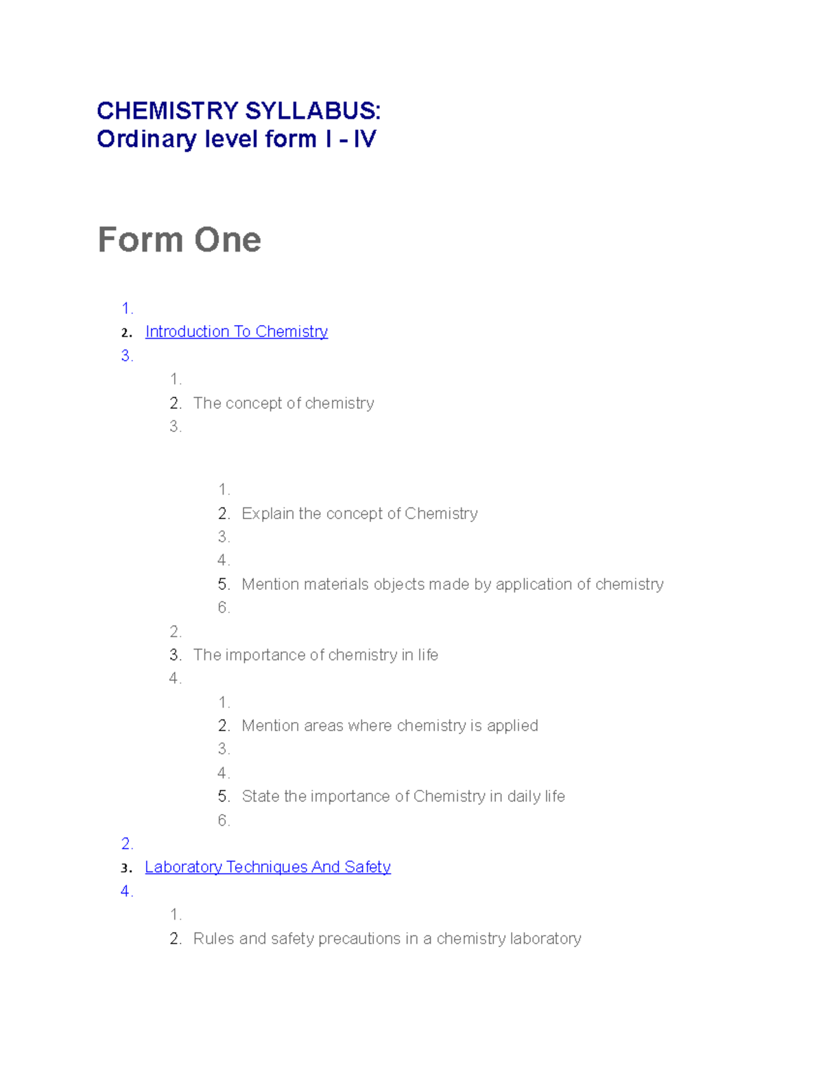 Chemistry Syllabus - CHEMISTRY SYLLABUS: Ordinary level form I - IV ...