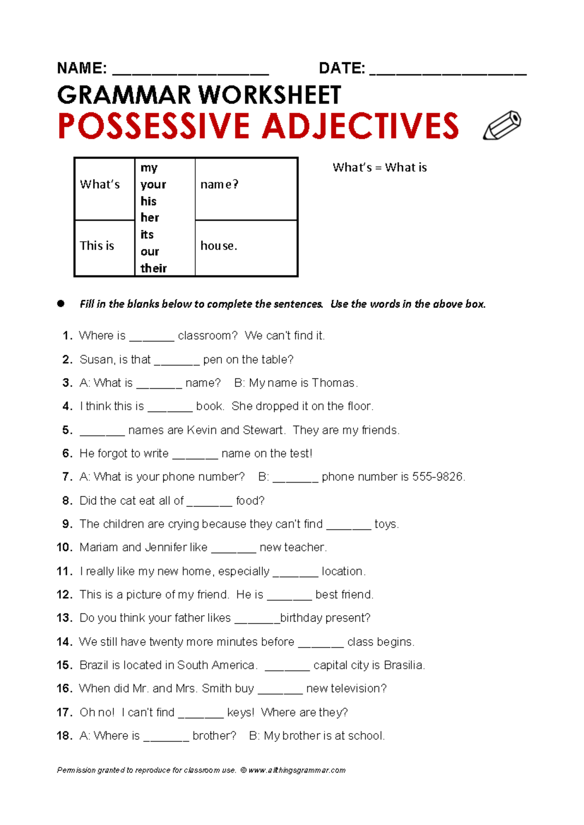 Possessive adjectives - NAME: ________________________ DATE: ________________________ GRAMMAR ...