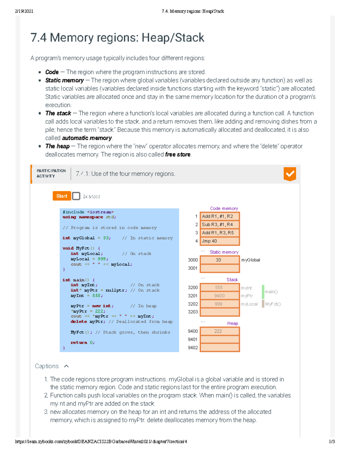7.4. Memory regions Heap Stack - 2/19/2021 7. Memory regions: Heap ...