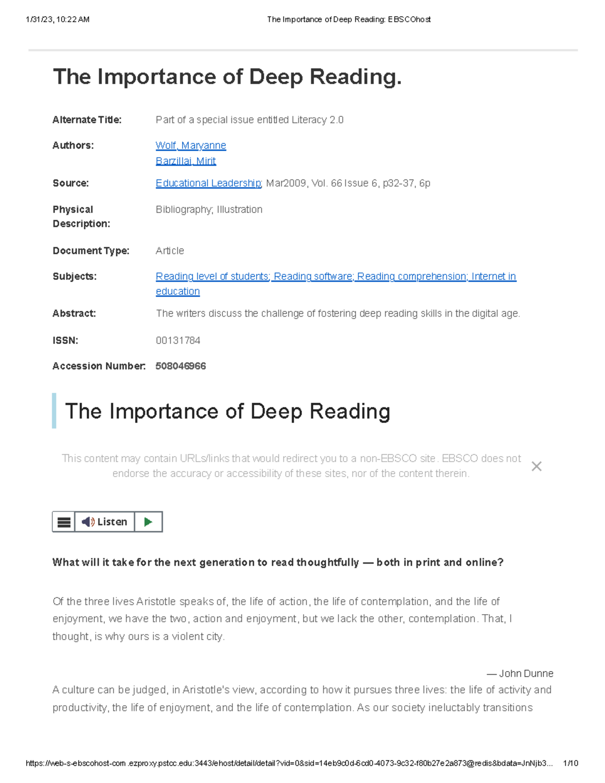 The Importance of Deep Reading Ebscohost - Alternate Title: Authors ...