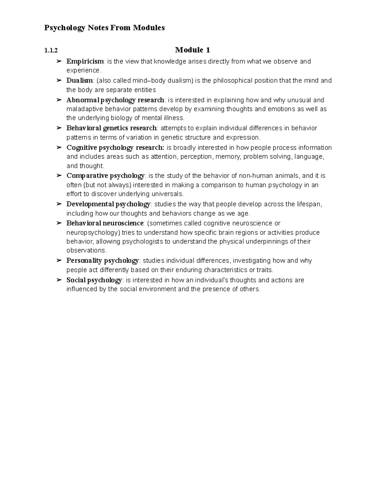 Psychology Notes From Modules - 1.1 Module 1 Empiricism: is the view ...