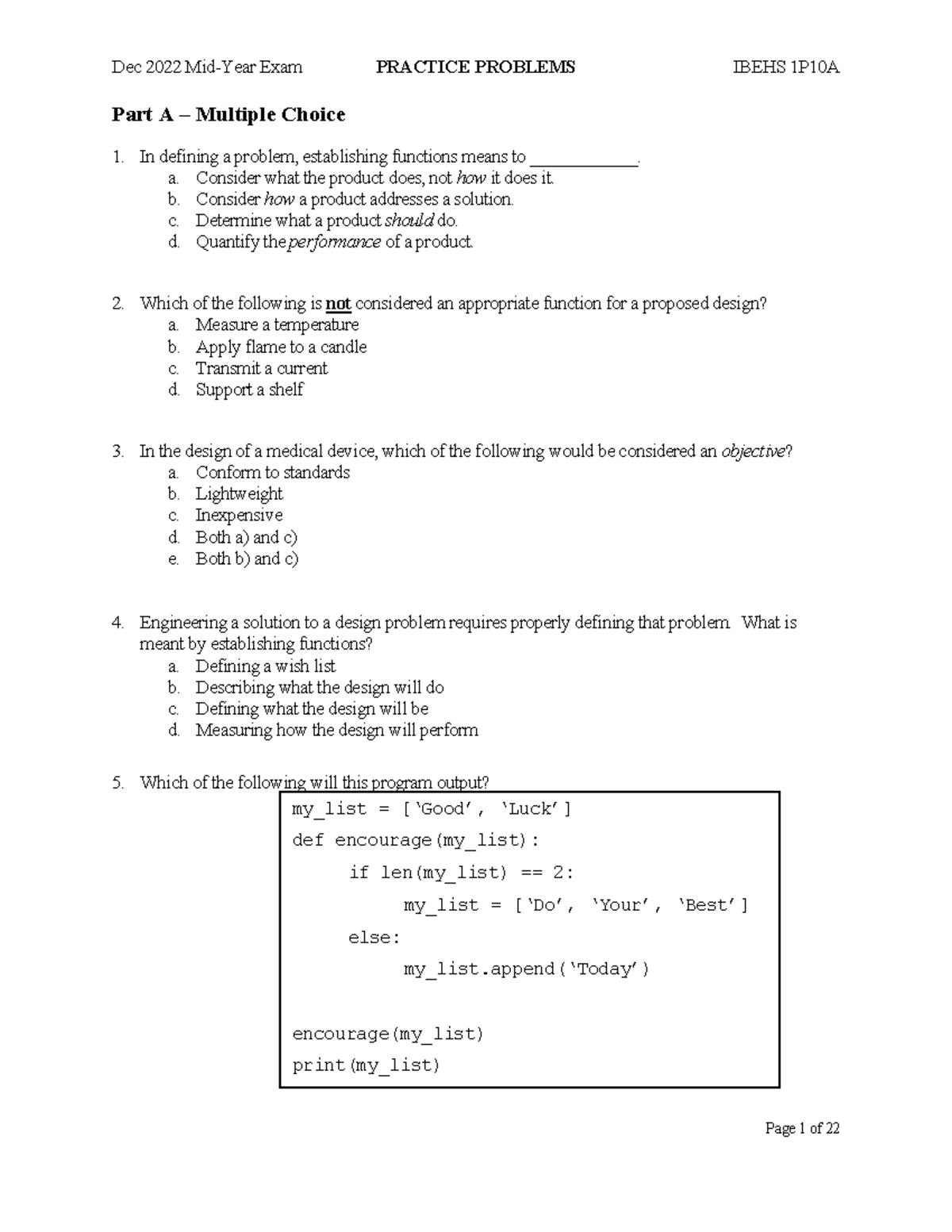 2-1P10 Midyear Exam (F2022) - Practice Problems - Part A – Multiple ...