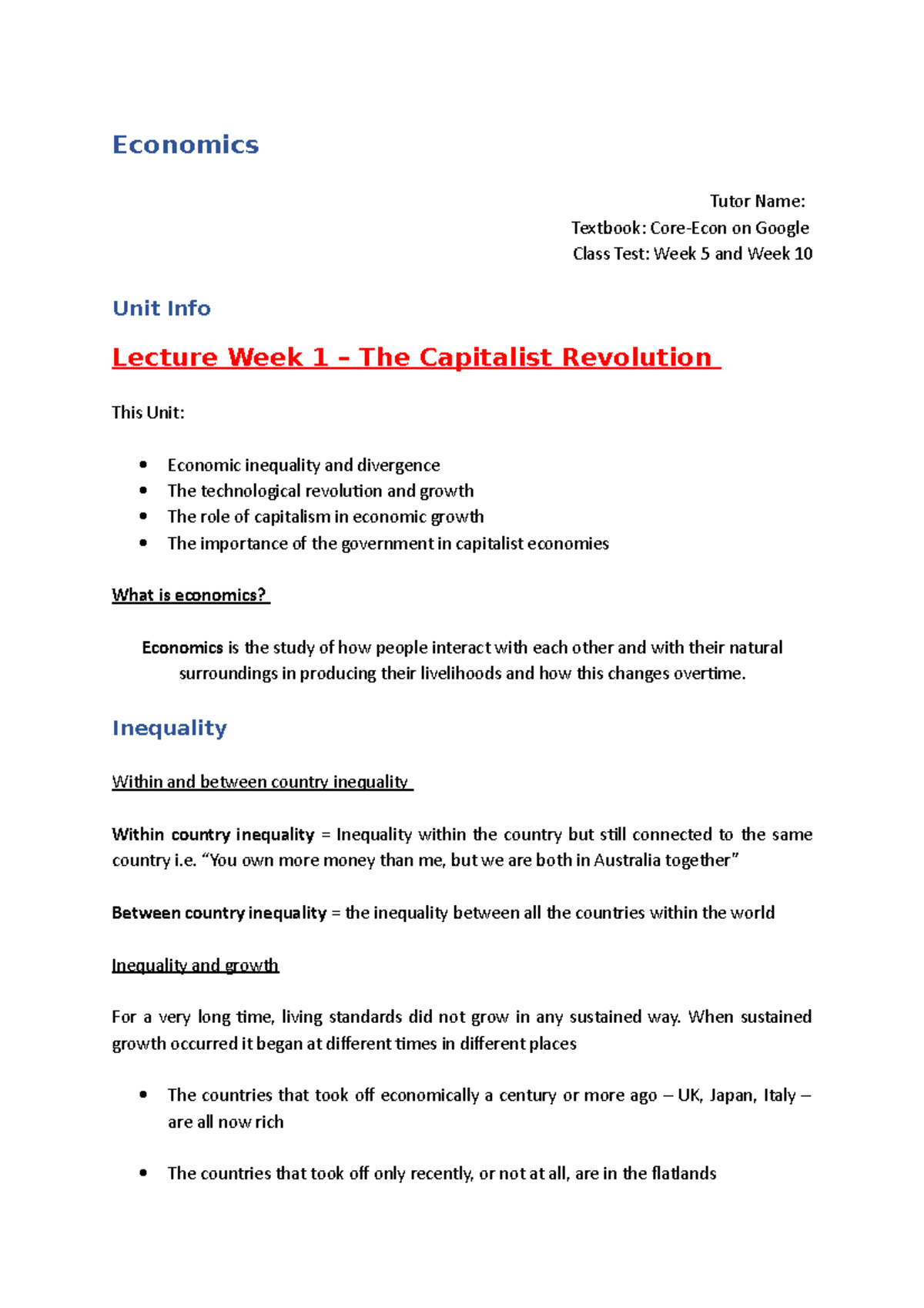 Economics Week 1-5, 9-11 - Economics Tutor Name: Textbook: Core-Econ on ...