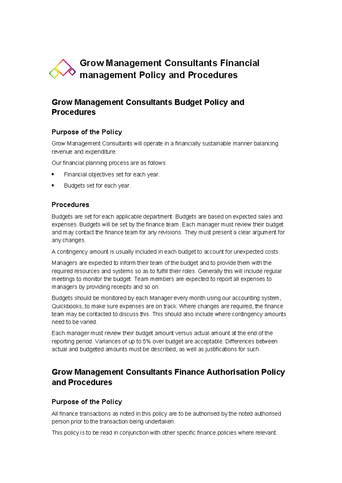 Bsbfin 601 Policy AND Procedure - Grow Management Consultants Financial ...