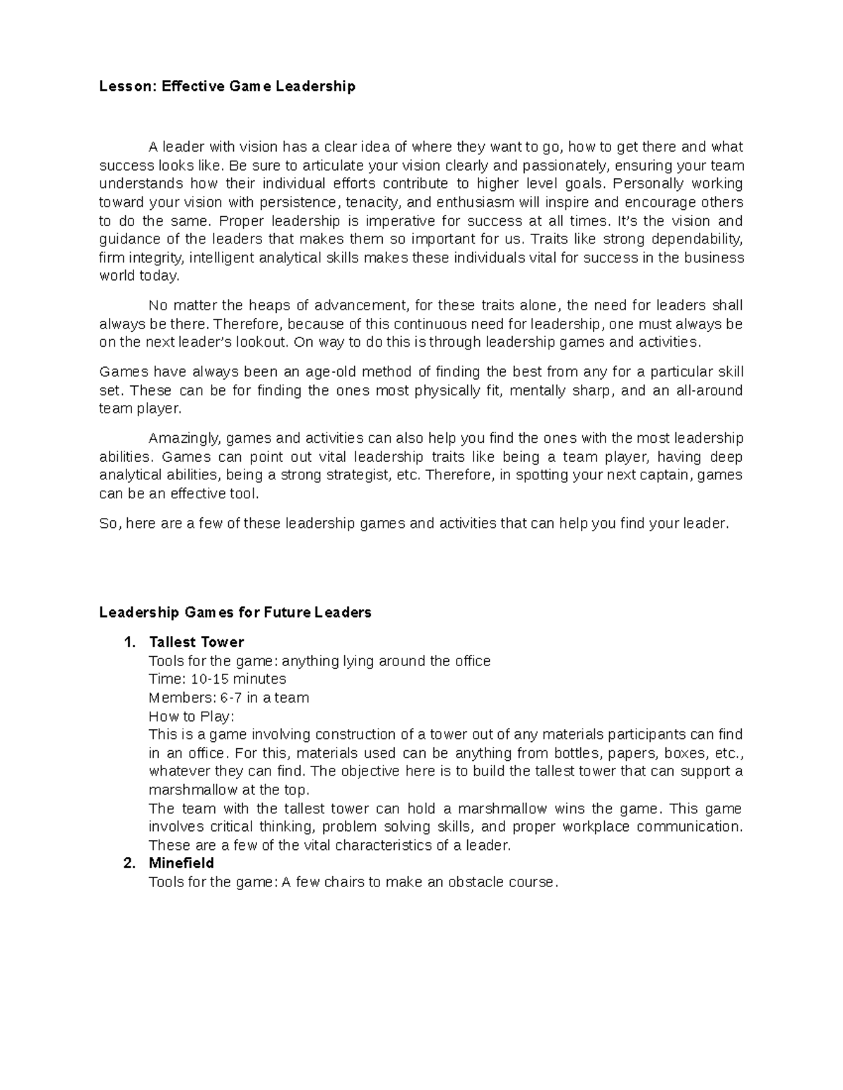 Lesson-Effective Game Leadership - Lesson: Effective Game Leadership A ...