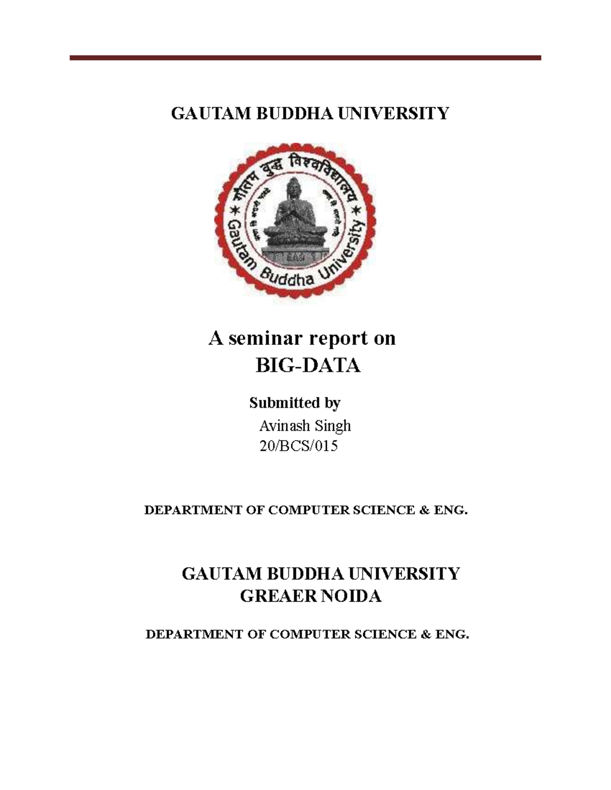 CSE Big Data Report 1 - GAUTAM BUDDHA UNIVERSITY A seminar report on BIG-DATA Submitted by ...