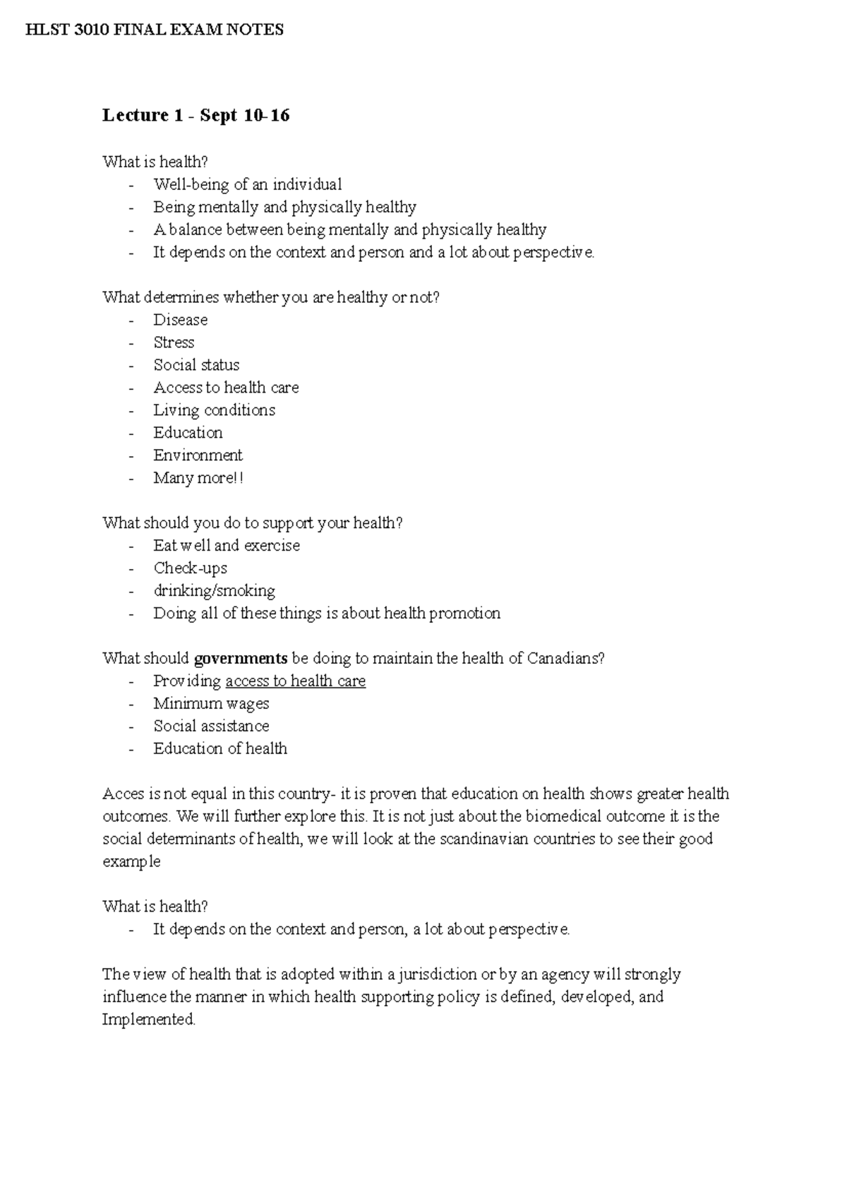 HLST 3010 Final EXAM Notes - Lecture 1 - Sept 10- What is health ...