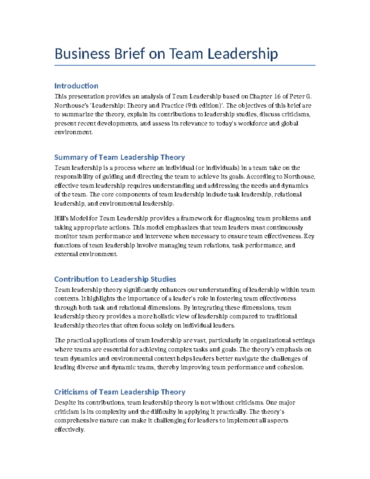 Business Brief Team Leadership - Business Brief on Team Leadership ...