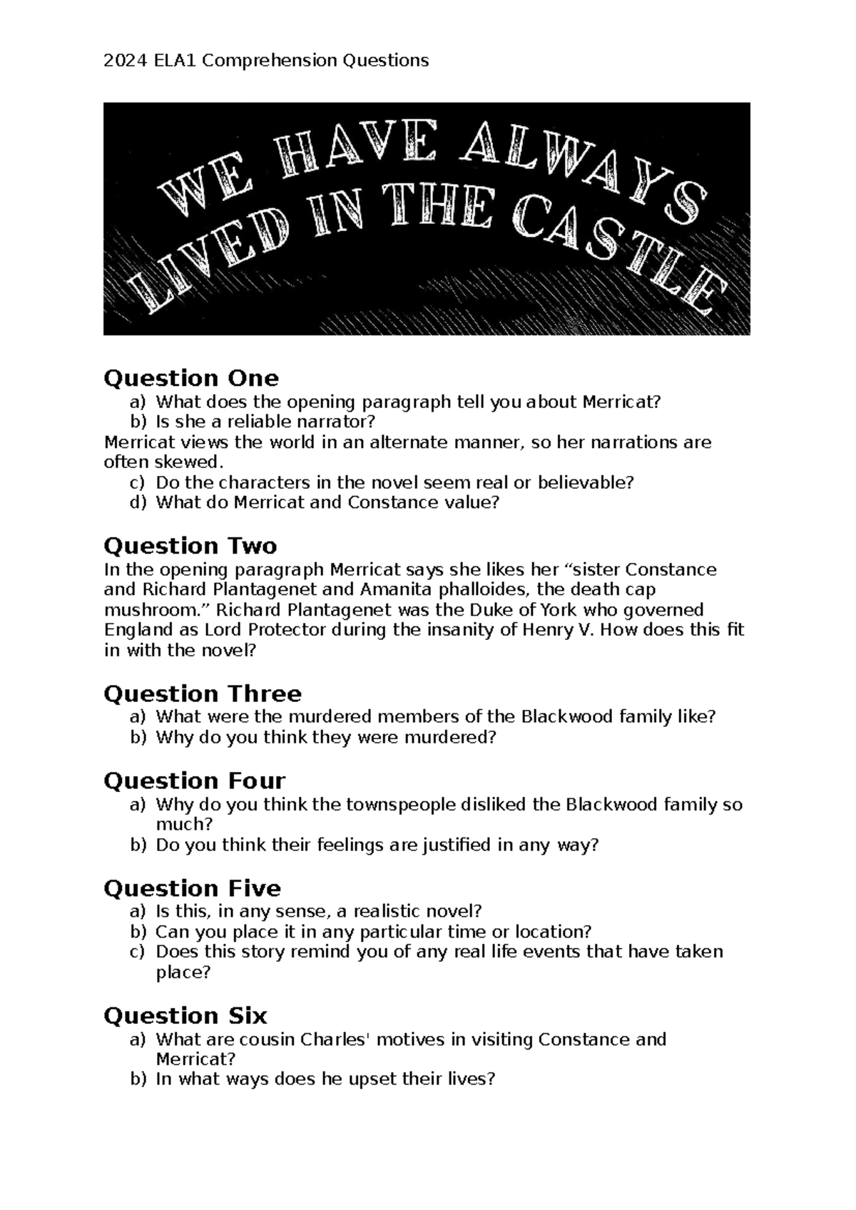 Castle ELA1 Questions - 2024 ELA1 Comprehension Questions Question One ...