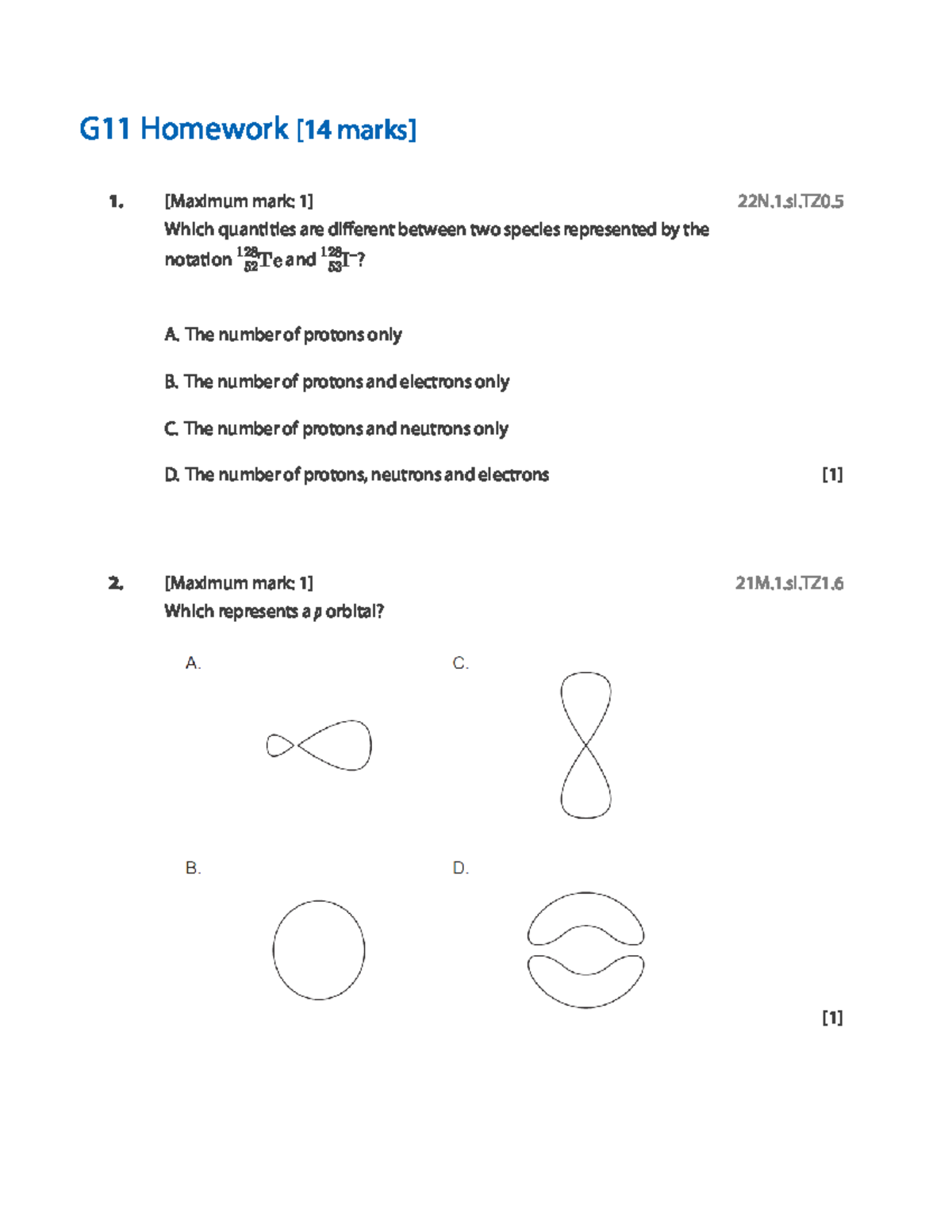 G11 Homework - Chemistry SL practice - G11 Homework [14 marks] 1 ...