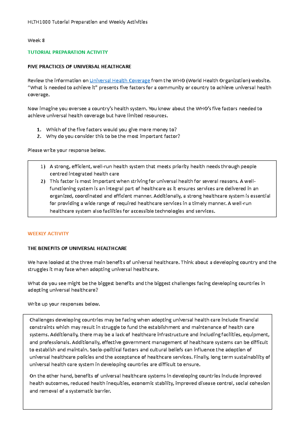 Week 8 tutorial preparation and weekly activities - HLTH1000 Tutorial ...