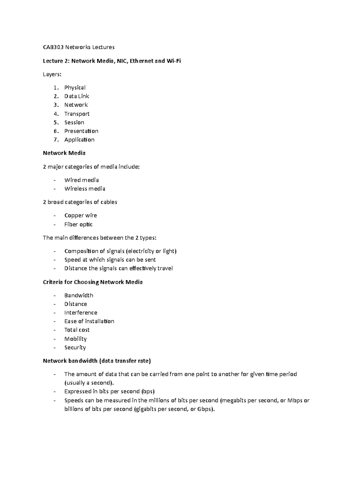 CAB303 Networks Lectures - CAB303 Networks Lectures Lecture 2: Network Media, NIC, Ethernet and ...