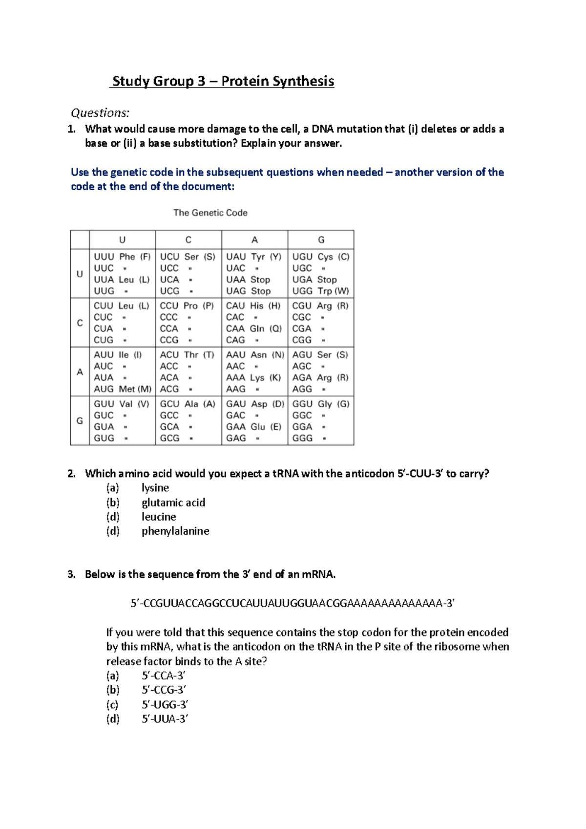 JI Study Group 3 Protein synthesis - ADRH Study Group 3 – Protein ...