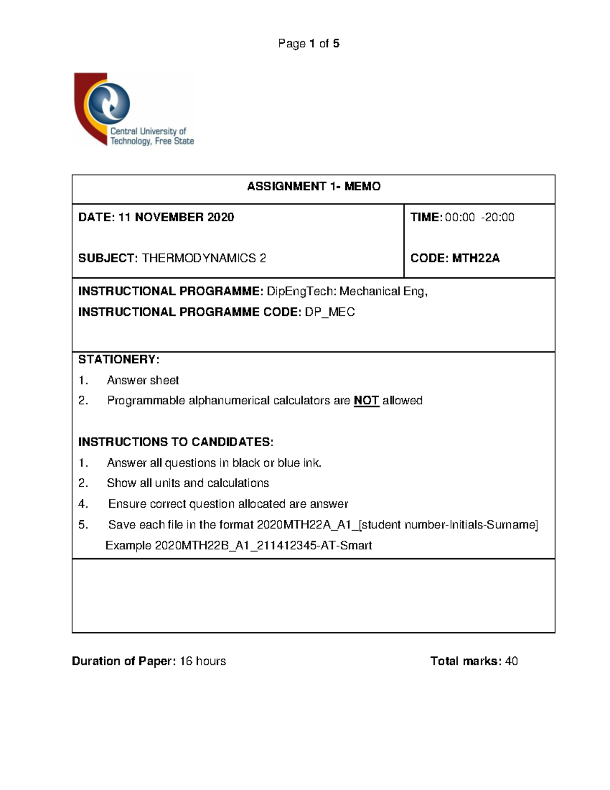 2020MTH22A A1-memo - Question paper - ASSIGNMENT 1- MEMO DATE: 11 ...