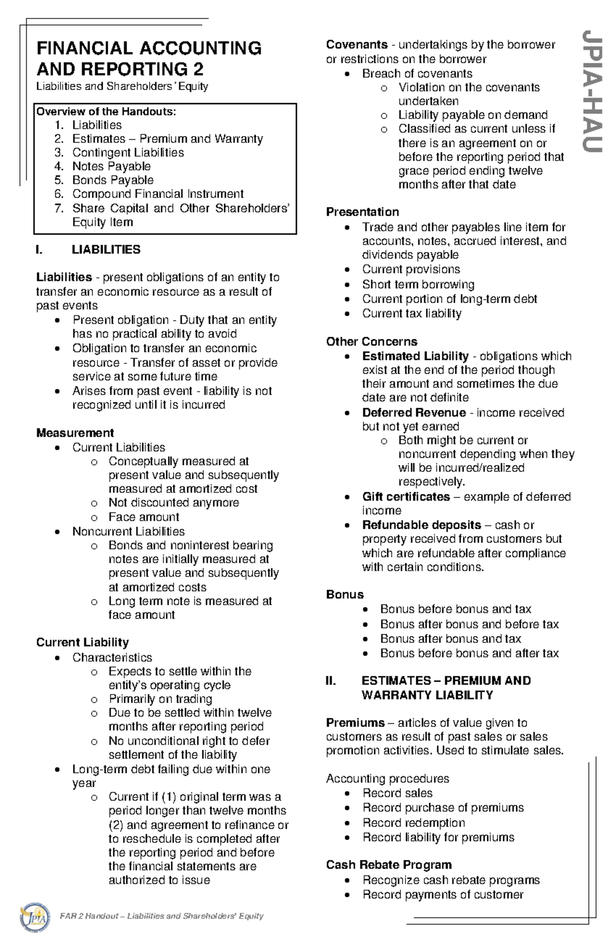 FAR 2 - Handouts - Reviewer - FIN ANCIAL ACCOUNTING AND REPORTING 2 ...