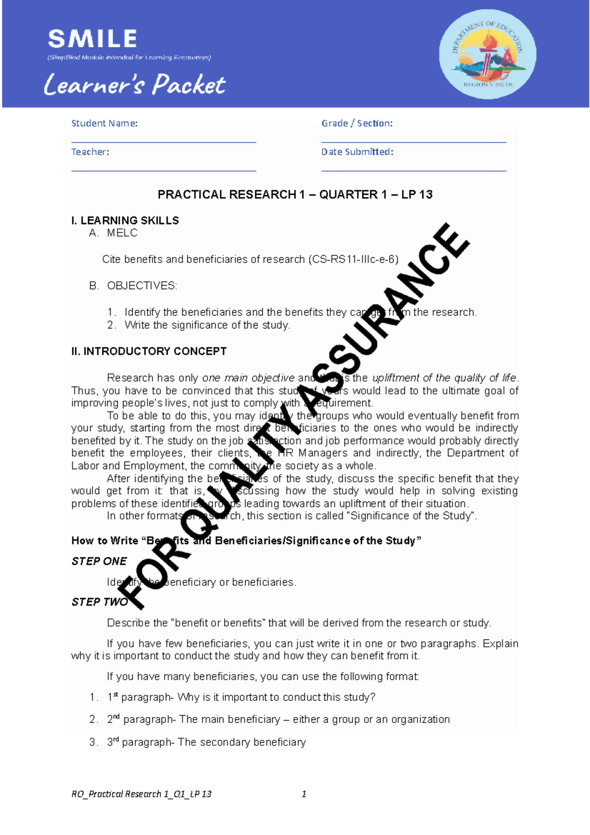 Practical- Research 1 Q1 LP-13 - Student Name: Grade / Section: Teacher ...
