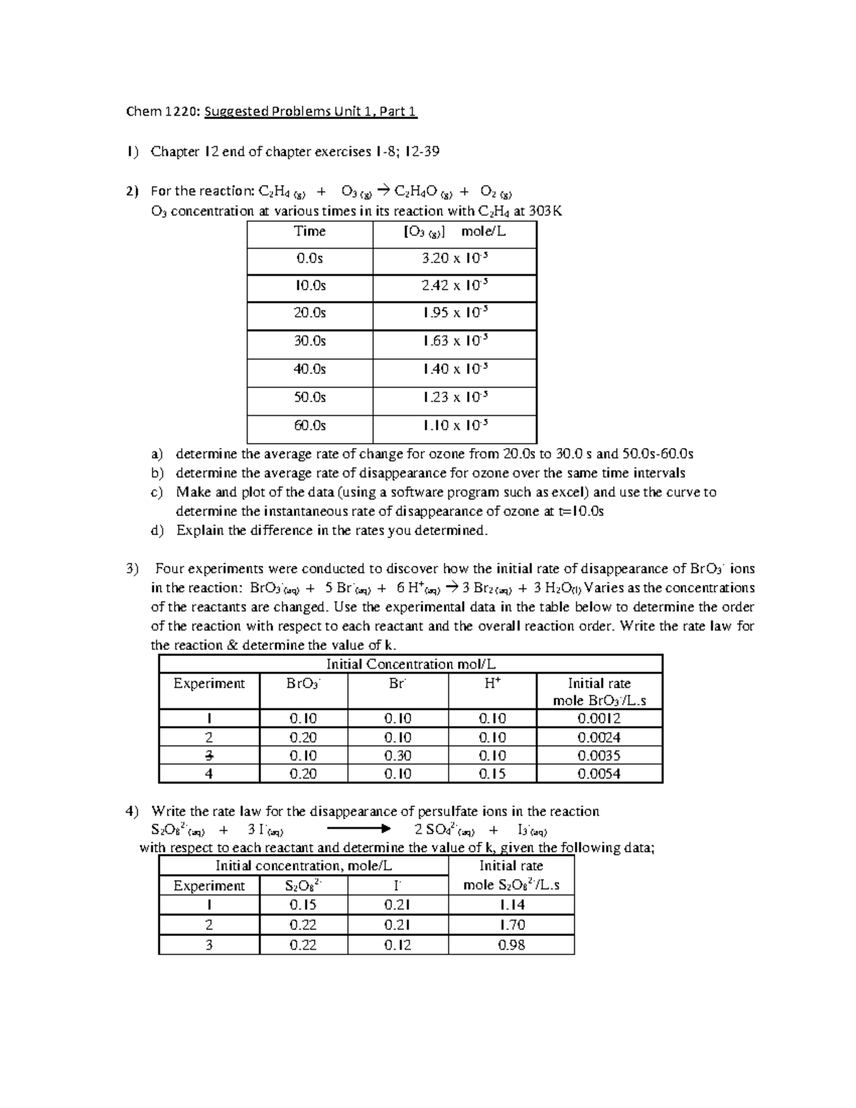 Unit1 Week1 Suggusted Problems Kinetic - CHEM 1220 - Langara - Studocu