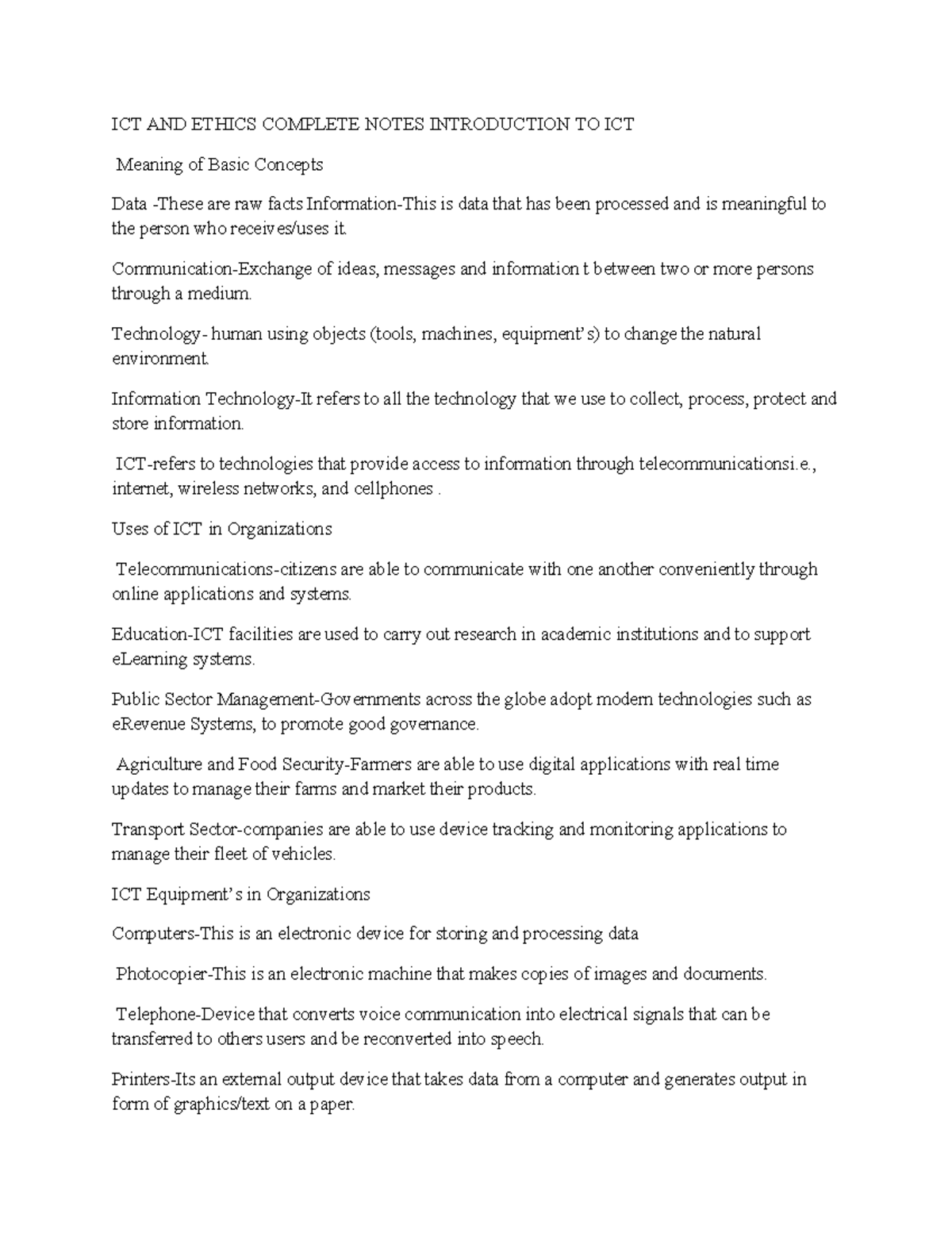 ICT AND Ethics Complete Notes Introduction TO ICT Meaning of Basic ...
