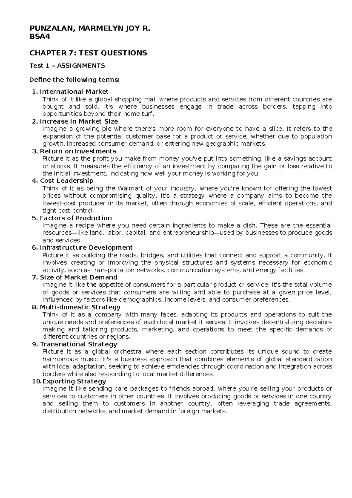 Answer key in Strategic Management Chapter 7 and 8 - PUNZALAN, MARMELYN ...